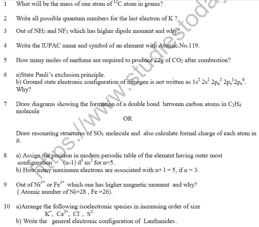 CBSE Class 11 Chemistry Question Paper Set M Solved CBSE Class 11 Chemistry Question Paper Set M Solved